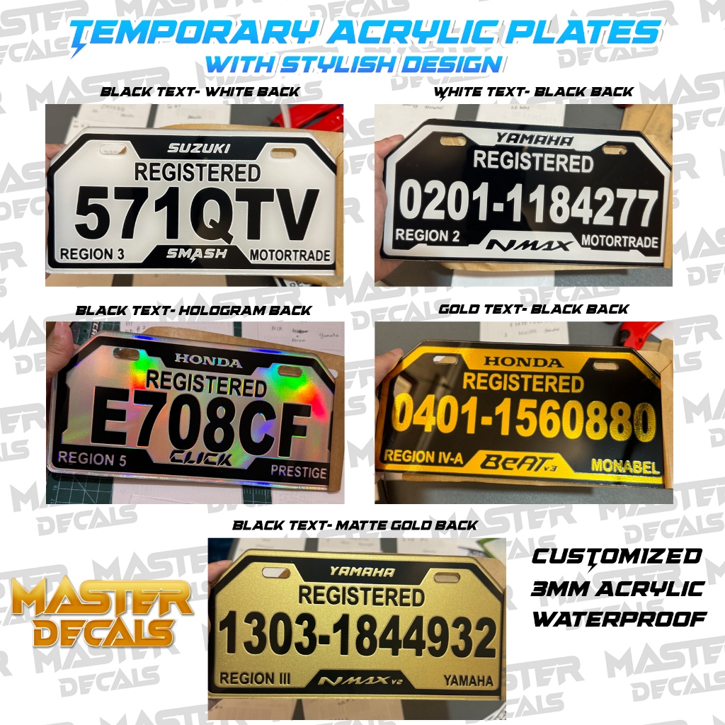 TEMPORARY PLATE FOR MOTORCYCLES 3mm acrylic Waterproof Black Text White ...