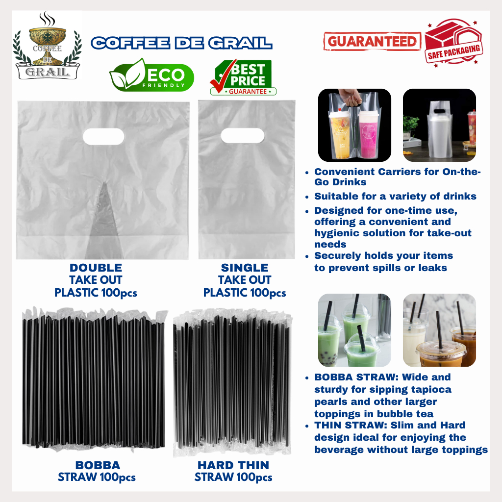 100 Pcs Carier Plastic and Straws - Hard Thin & Boba / Single & Double ...