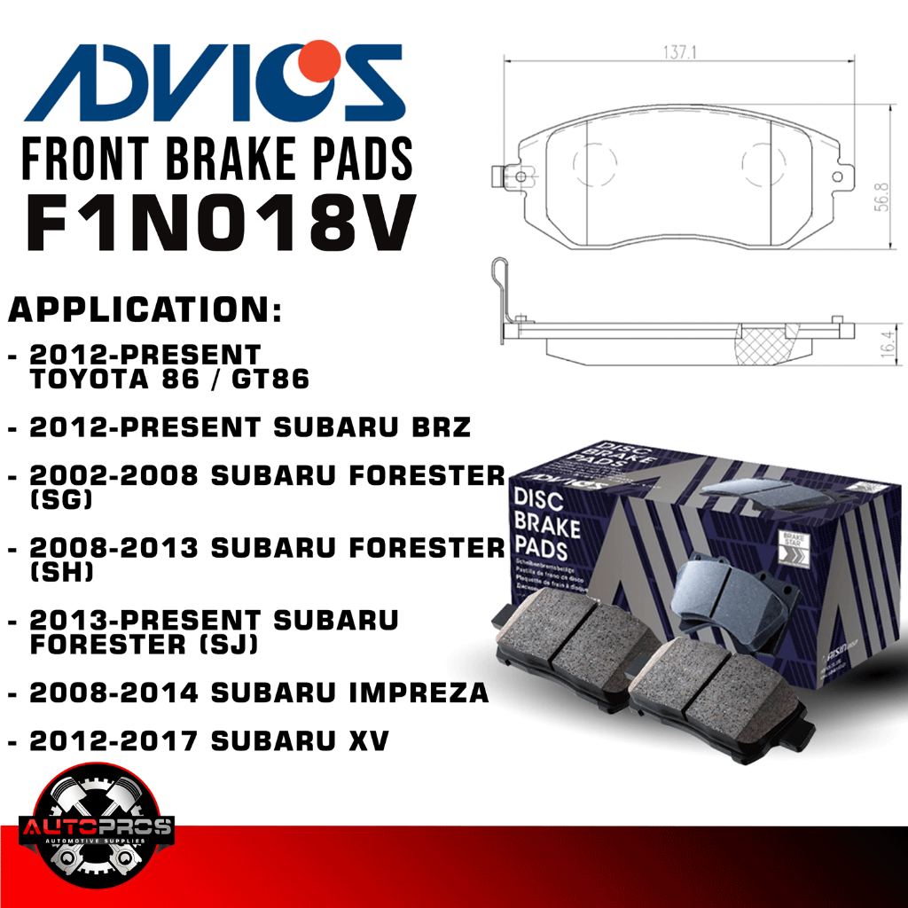 ADVICS Front Brake Pads for 2013-Present Subaru Forester (SJ) (Non-Turbo) / Subaru BRZ /PN ...