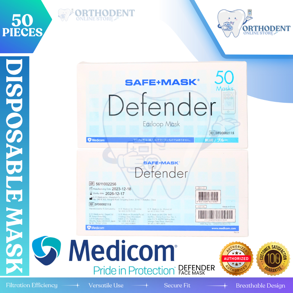 Medicom Safemask Defender 3 Ply Face Masks 50pc Box Of Premium Non