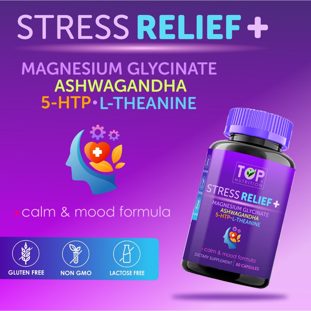 STRESS RELIEF Plus Magnesium Glycinate Ashwagandha 5HTP L-Theanine 60 ...