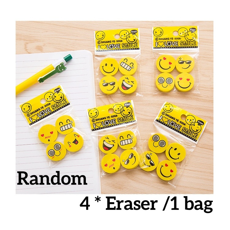 4PCS/SET Cute Emoji Eraser smiley face Eraser CARTOON Eraser School ...