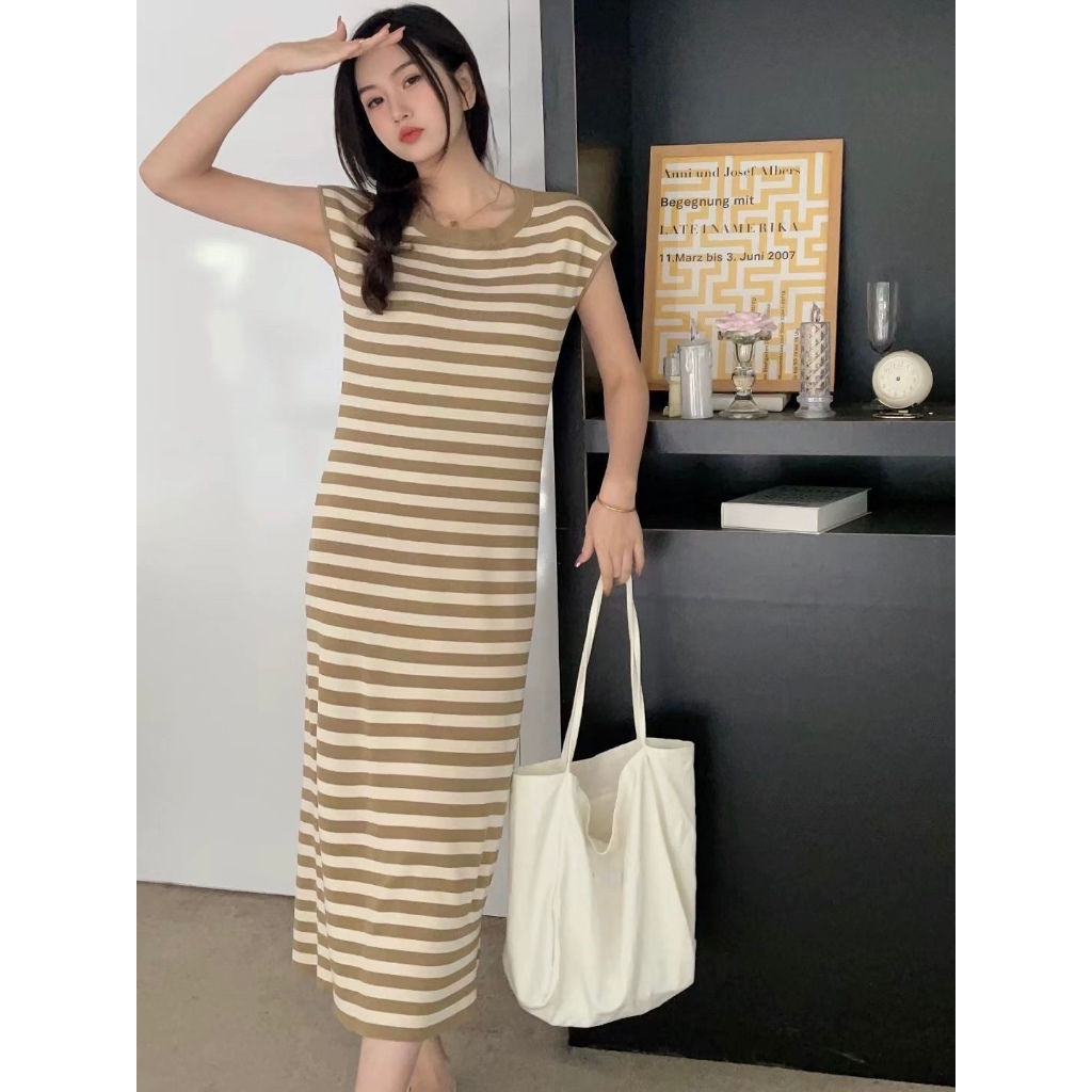 Miss M Slit Back Round Neck Stripe Knitted Dress 777 | Shopee Philippines