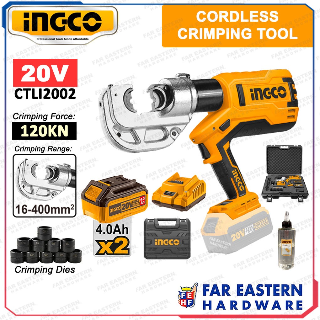 INGCO Cordless Hydraulic Crimping Crimper Tool 20V w/ Dies, Battery ...