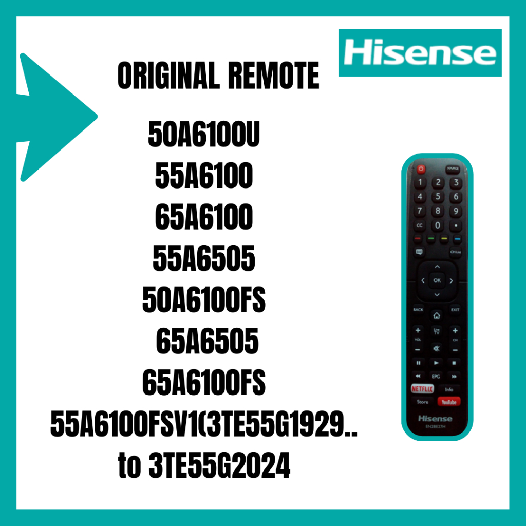 Hisense Remote Control - 50A6100U, 55A6100, 65A6100, 55A6505, 50A6100FS ...