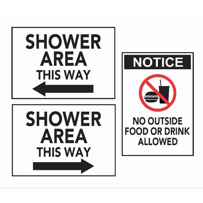 Signage for Shower Area this Way and Notice No Outside Food or Drink ...