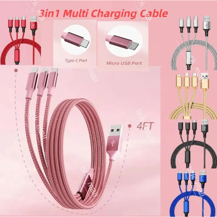 3 In 1 Super Fast Charging USB Cable Type C USB Micro Usb Multi Port ...