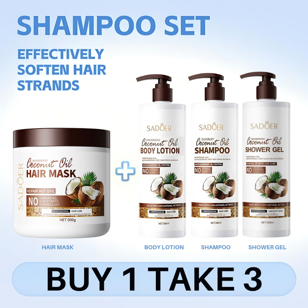 Buy 1 Take 3 SADOER Hair Mask Intense Moisture +Body Wash+Body Lotion+Coconut Oil Hair Shampoo ...