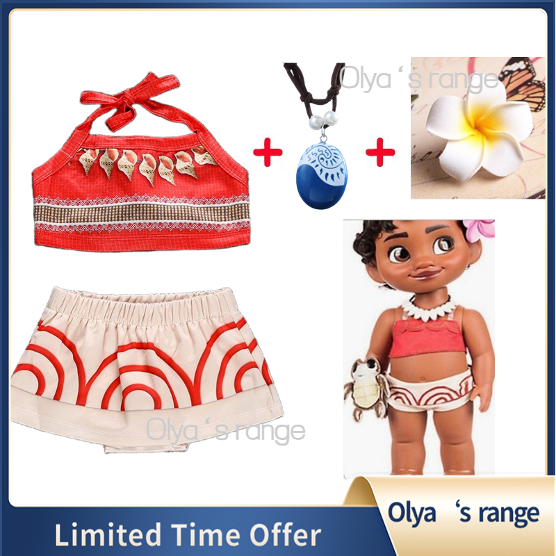 3PC Summer Girls Moana Costume +Necklace+Hairpin Cosplay for Kids ...