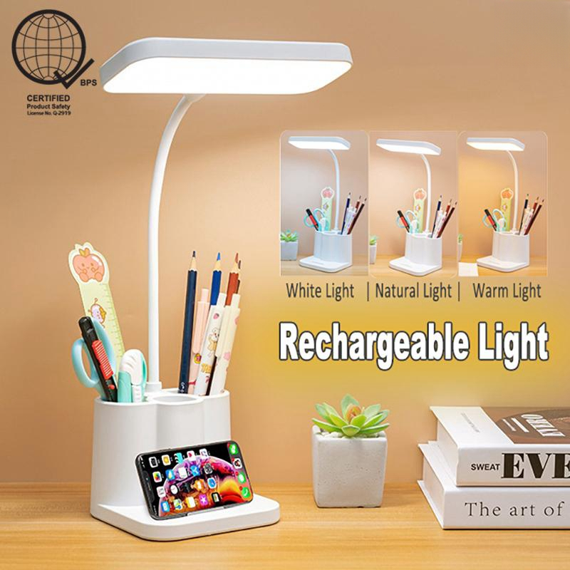 USB Rechargeable Lamp Shade LED Desk Lamp With Pen Holder Study Light ...