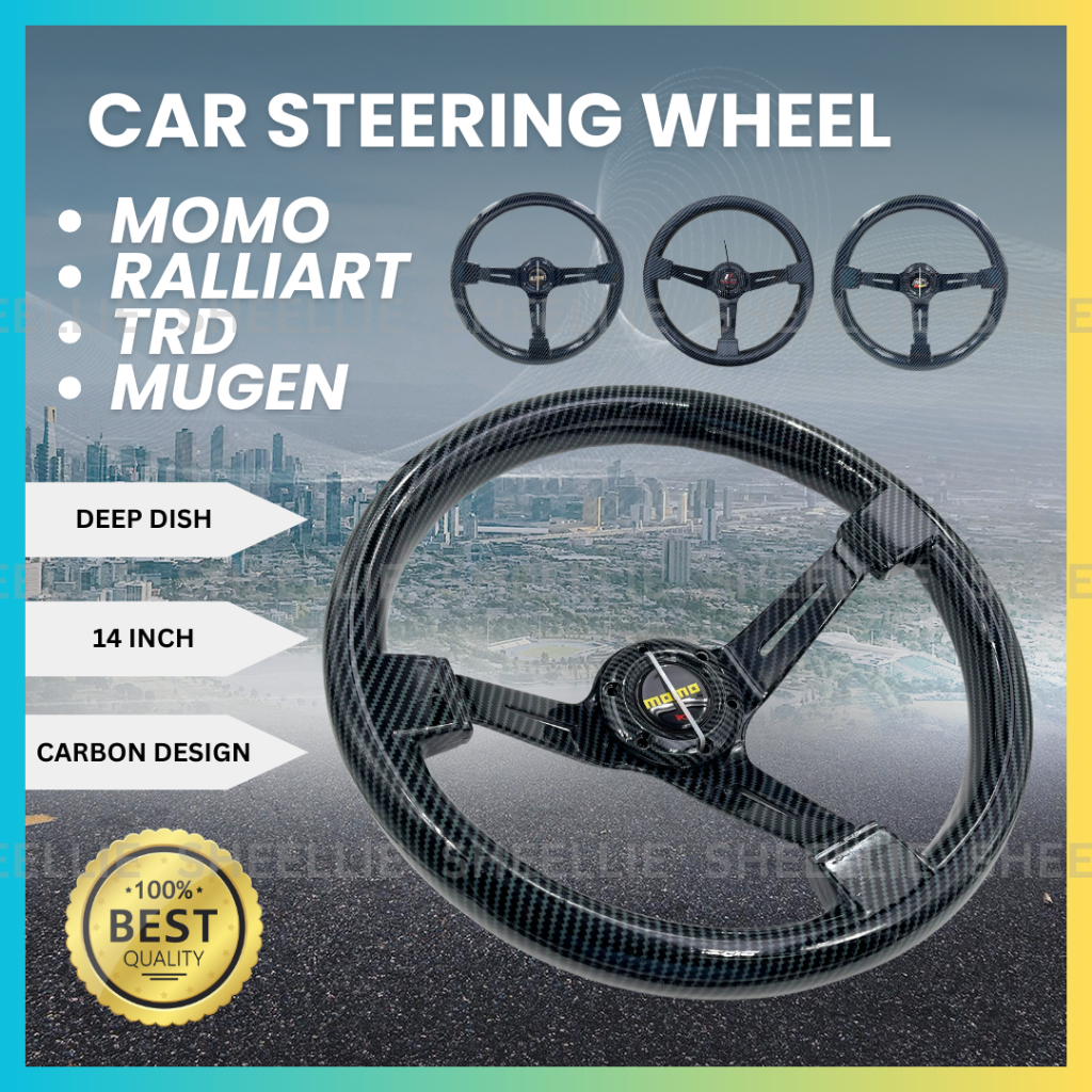 14 INCH Carbon Black TRD MOMO Ralliart Mugen Car Steering Wheel Universal Deep Dish Steering ...
