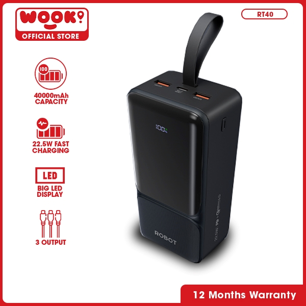 ROBOT RT40 40000mAh Powerbank 22.5W PD/QC 3.0 Dual Input 3 Output Smart ...