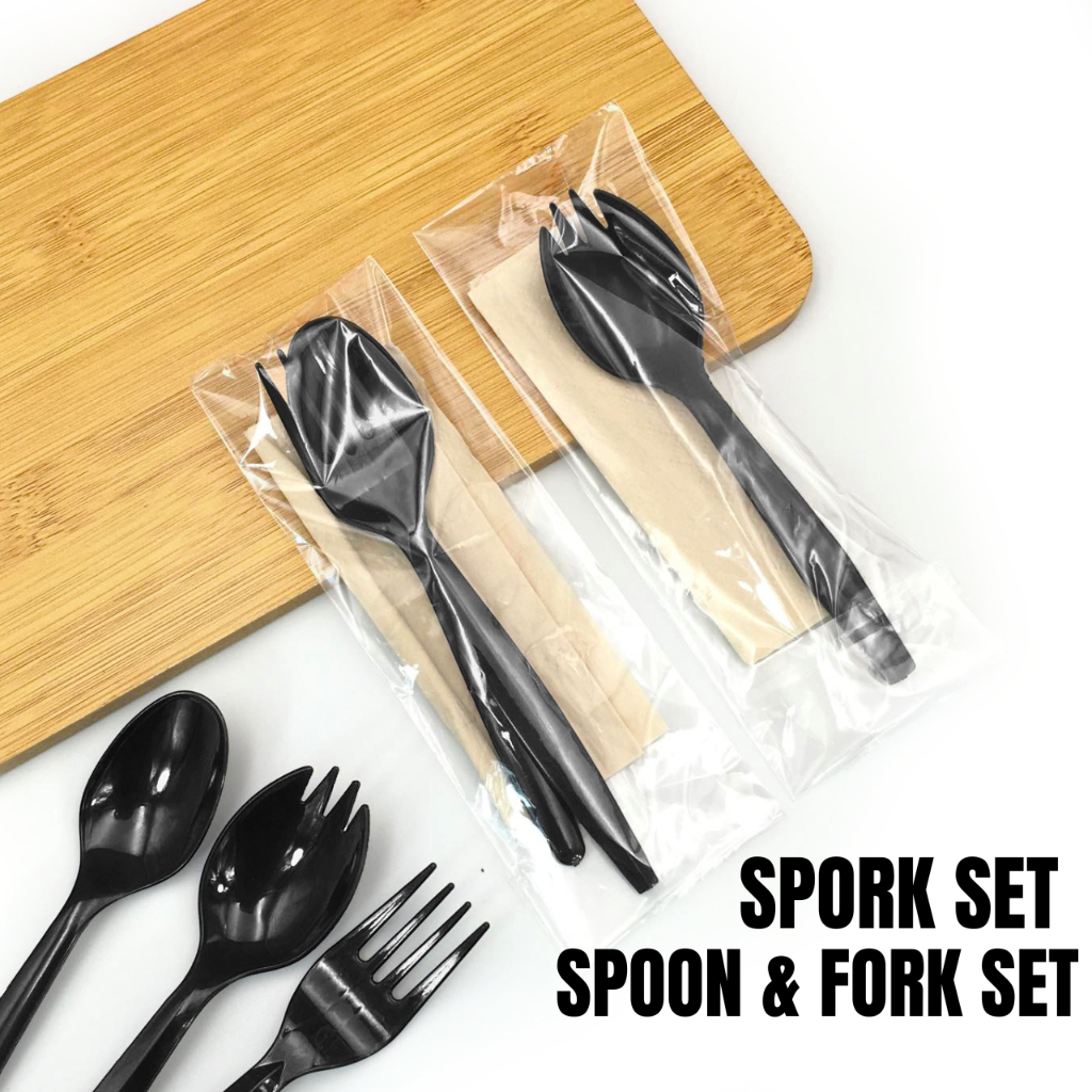 25/50PCS Disposable Plastic Black Spork, Spoon and Fork Set with Tissue ...