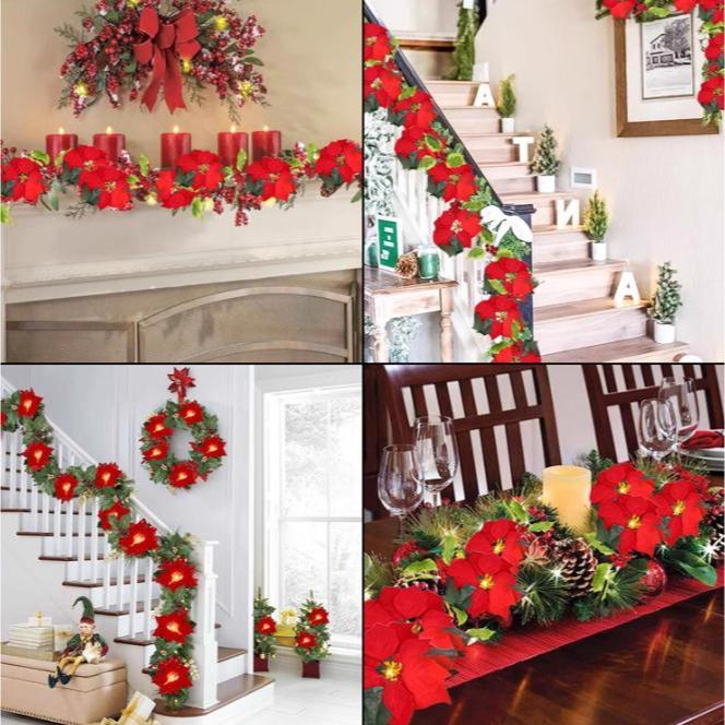 2M/10Led Christmas Poinsettia Flowers Garland String Lights Holly Leave ...