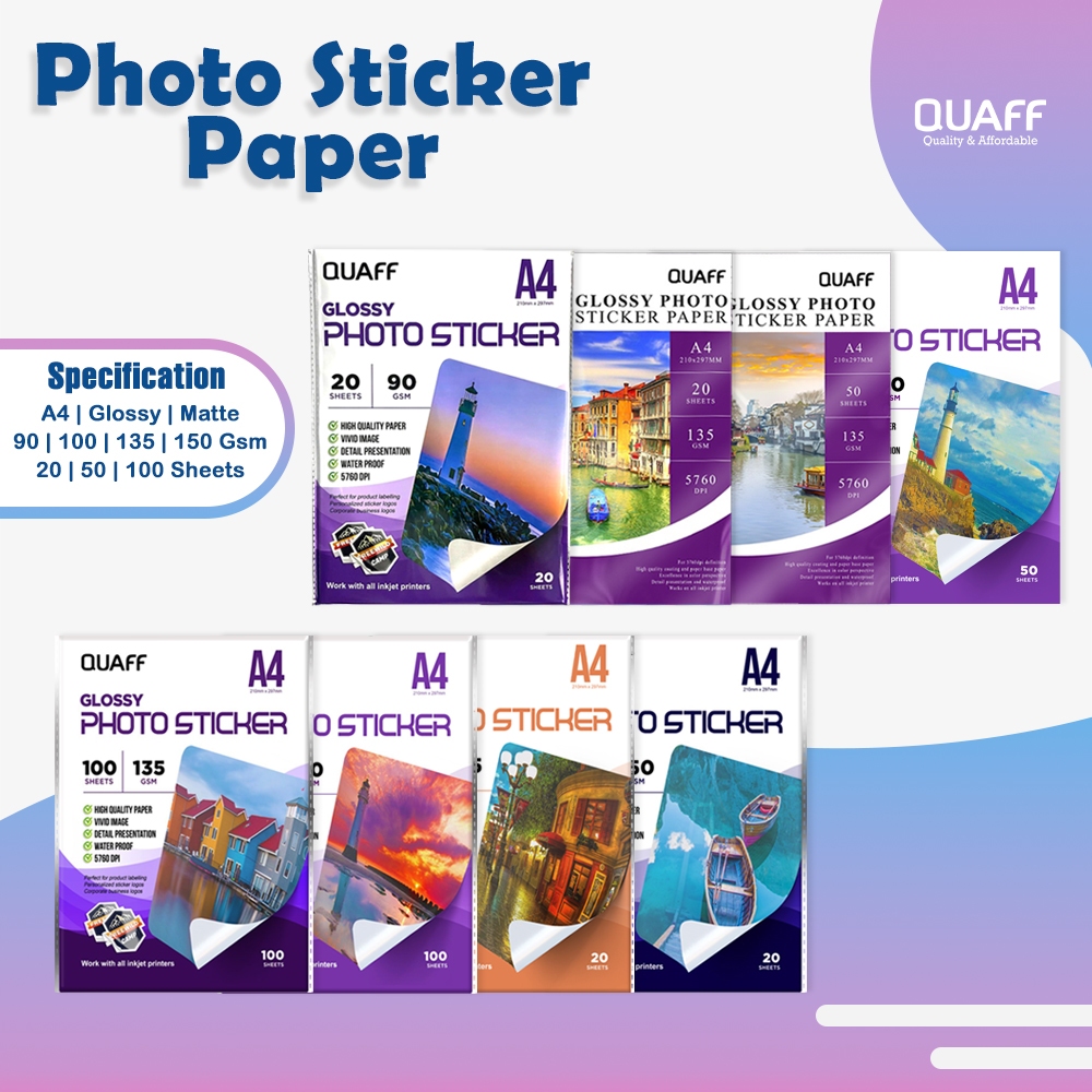Quaff Photo Sticker Matte/Glossy A4 Size 90gsm - 135gsm - 150gsm (20 ...