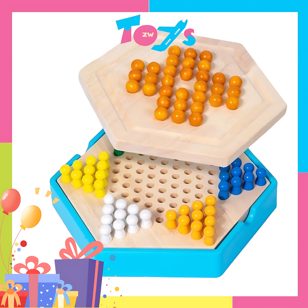 Gift Box Wooden Traditional Hexagon Wood Checkers Game Family ...