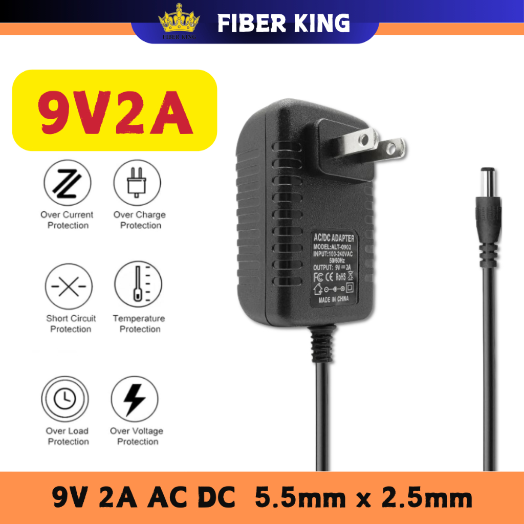 FIBER KING Adapter 9V 2A Power Supply DC 9V Power Cord 18W 9V Power Adapter Supply with 5.5mm*2 ...