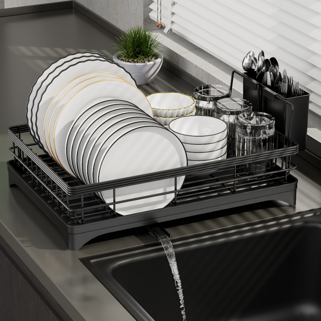 SJ Black Dish Drainer With Holder Kitchen Plate Organizer Next to Sink ...