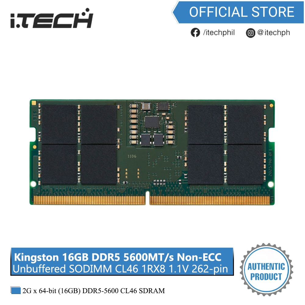 Kingston 16GB RAM DDR5 5600MT/s Non-ECC Unbuffered SODIMM CL46 1Rx8 1.1V 262-pin 16Gbit ValueRAM ...