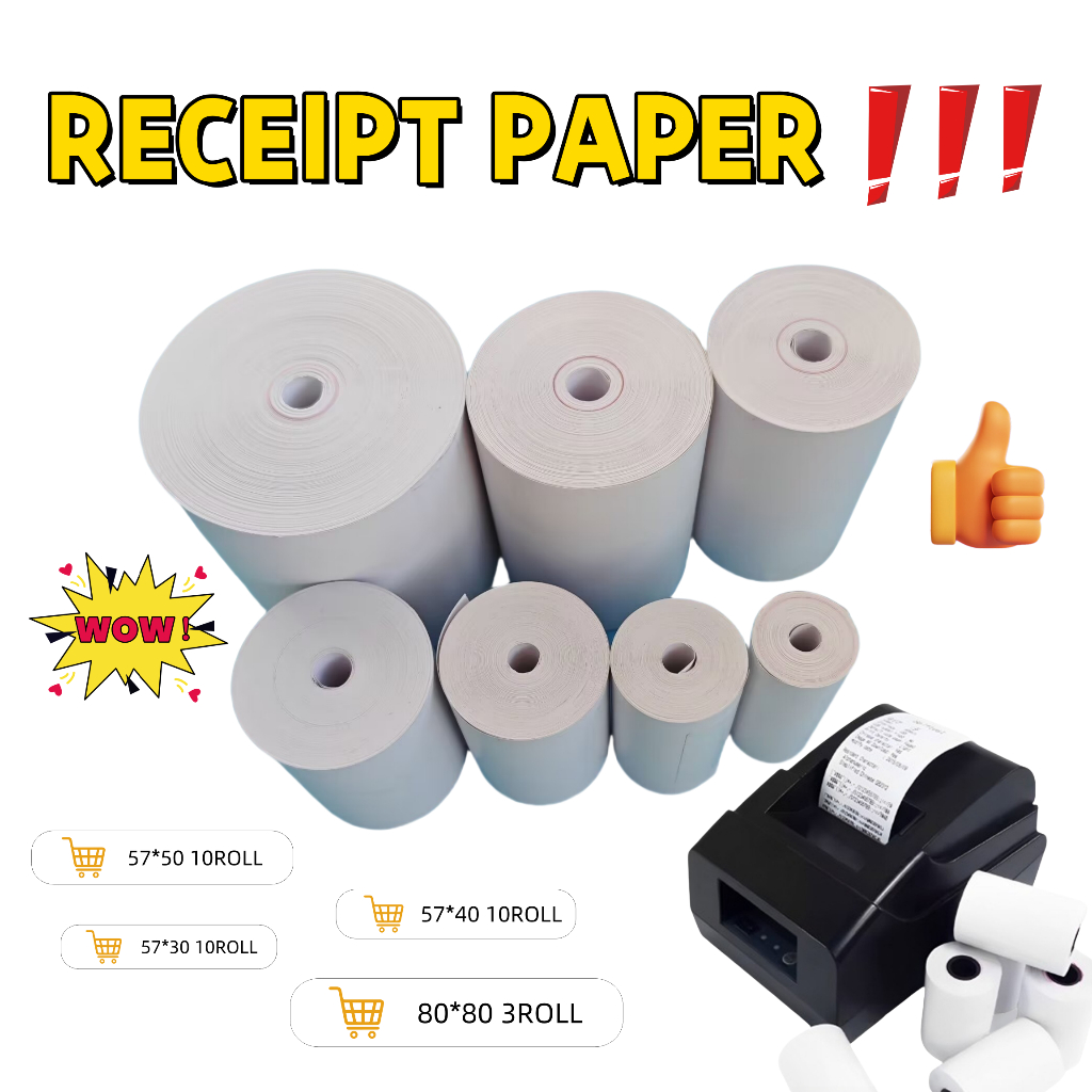 10 ROLLS Receipt Paper 57* 40/80*80 mm for POS Thermal Receipt Printer ...