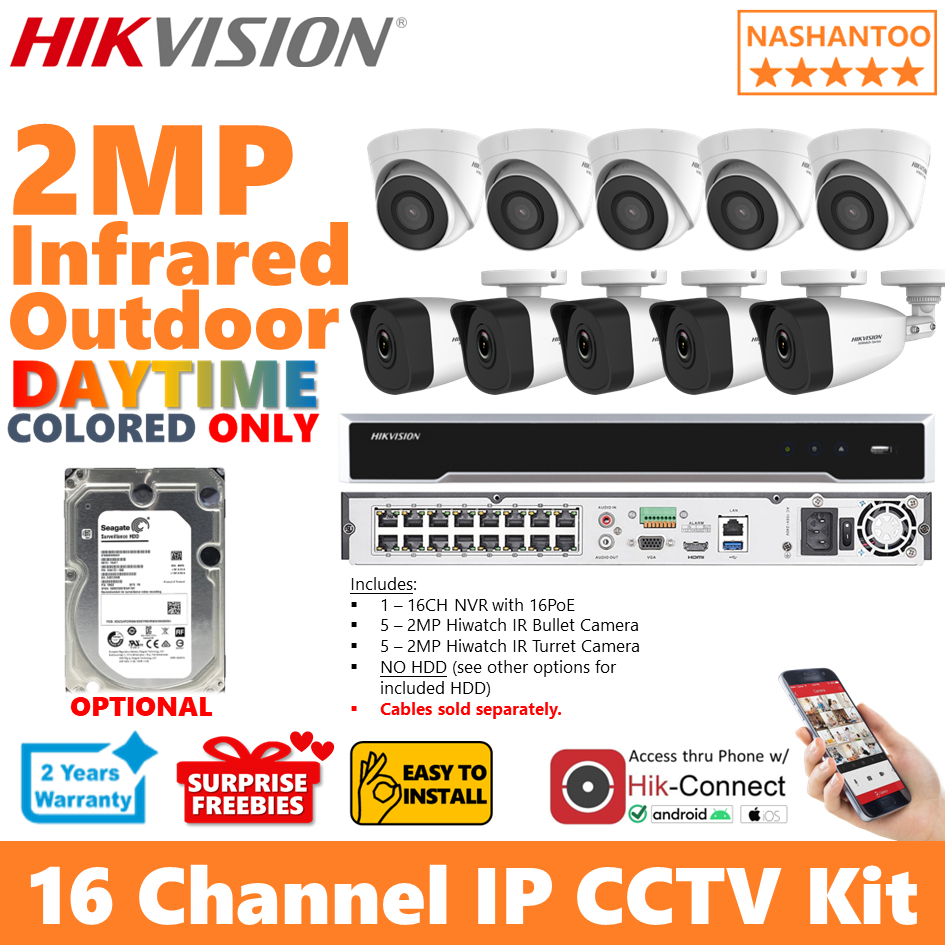 HIKVISION 16Ch 2MP 10Cameras (5Bullet, 5Turret) IR(30m) Hiwatch IP ...
