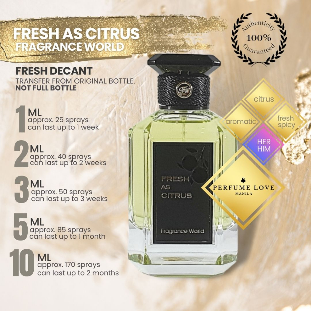 PERFUME DECANT Fragrance World Fresh as Citrus aromatic, citrus, fresh ...