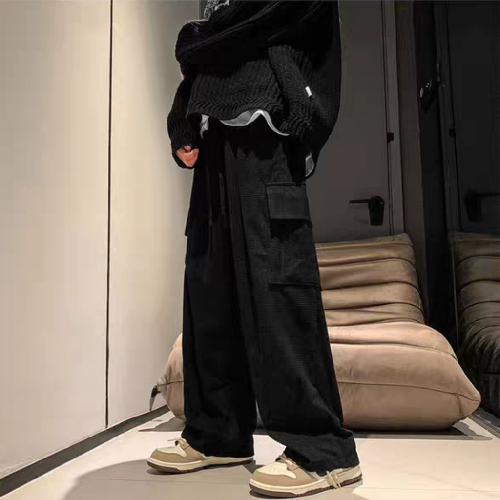 Korean Black Baggy pants Waffle Cargo Pants For Men Straight Cut Slacks ...