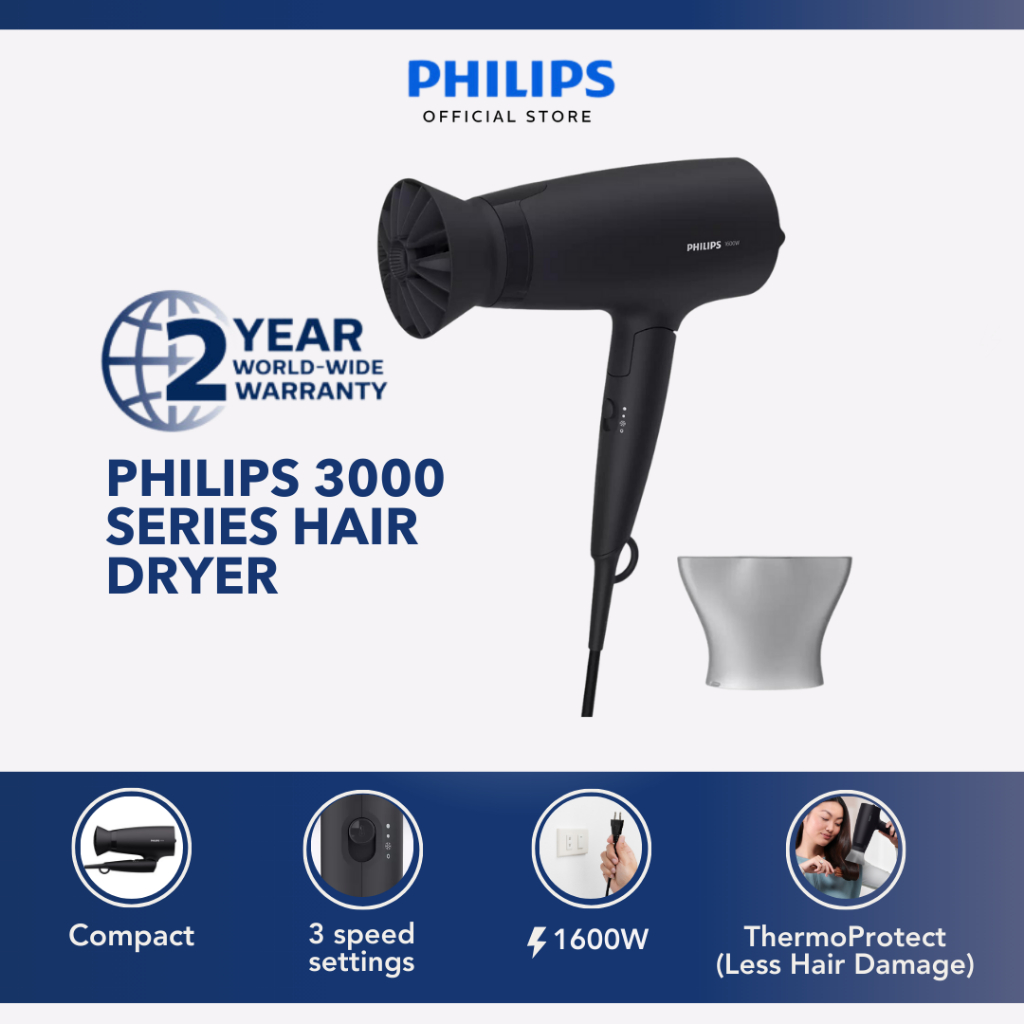 Philips 3000 Series Hair Dryer, 1600W Foldable BHD308/10 | Shopee Philippines