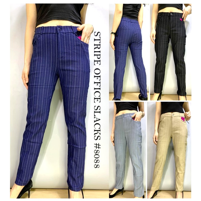 (L-4XL) Plussize Stripe Stretchable Skinny Slacks Formal Office Plaid ...