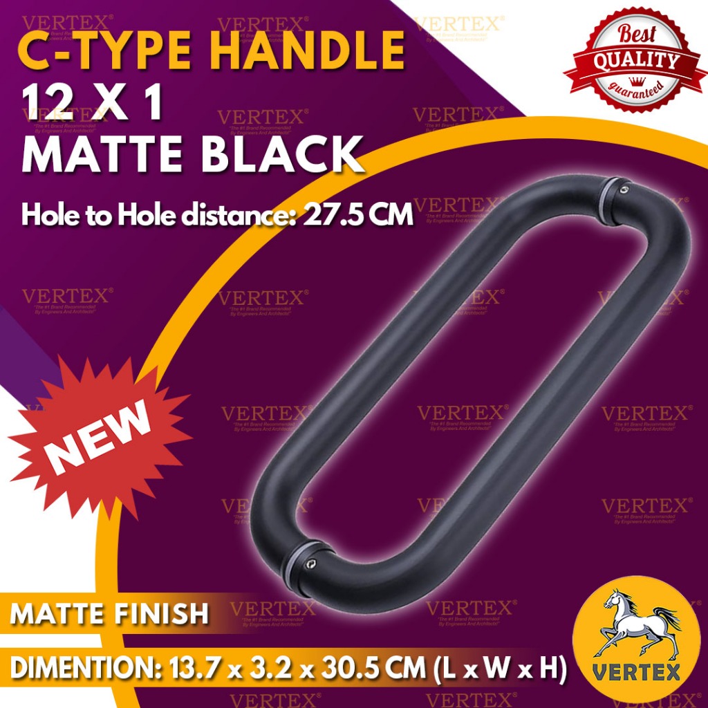 VERTEX [HANLDE010] C Type Handle 12 x 1 inches MATTE BLACK (for Glass ...