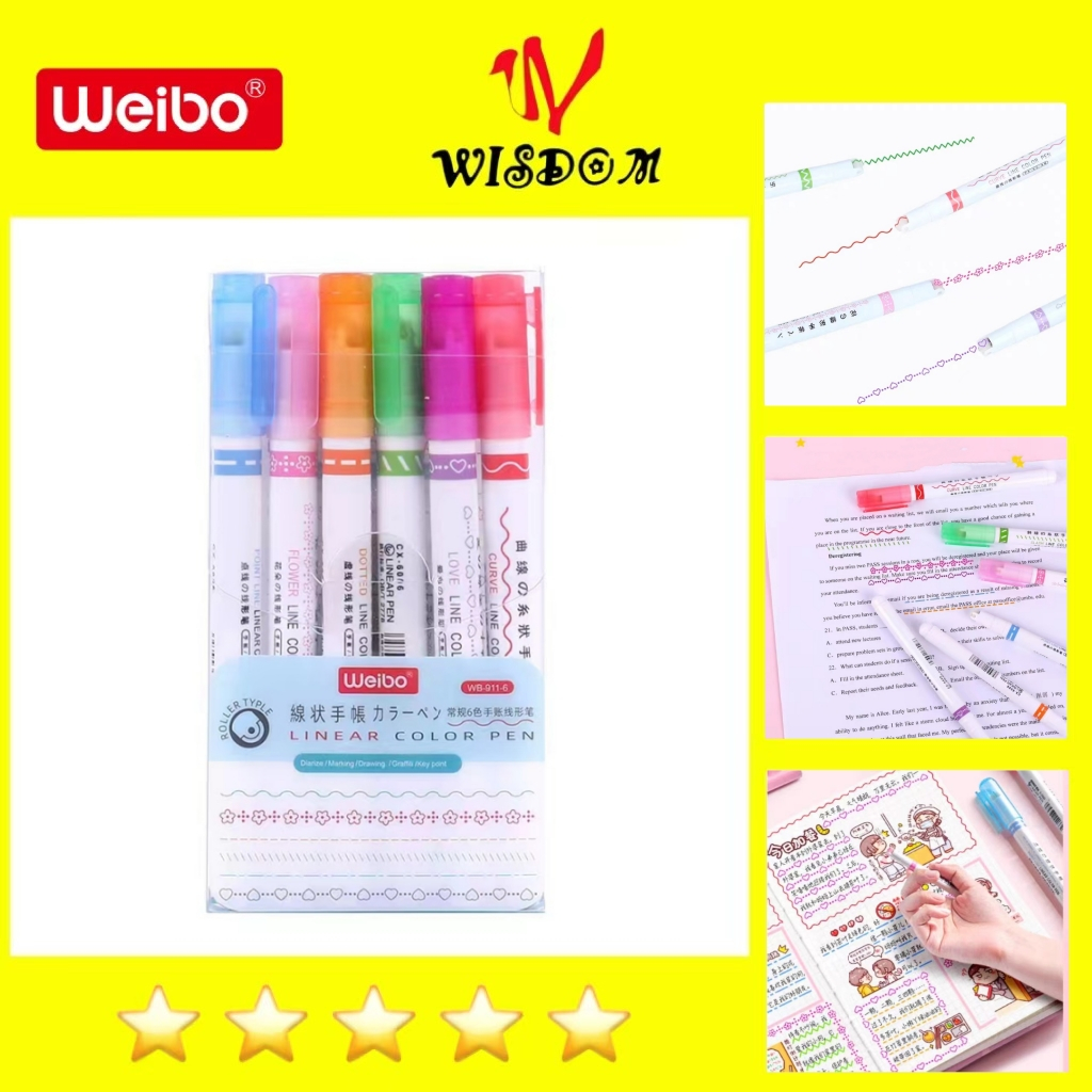 WISDOM WEIBO WB-911-6 6pcs LINEAR COLOR PEN/Curve Highlighter/SCHOOL ...