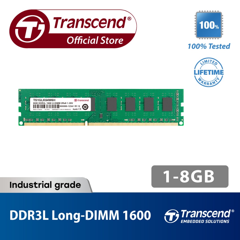 Transcend 8GB DDR3 1600MHz Long-DIMM Desktop Memory LOW VOLTAGE 2R x 8 ...