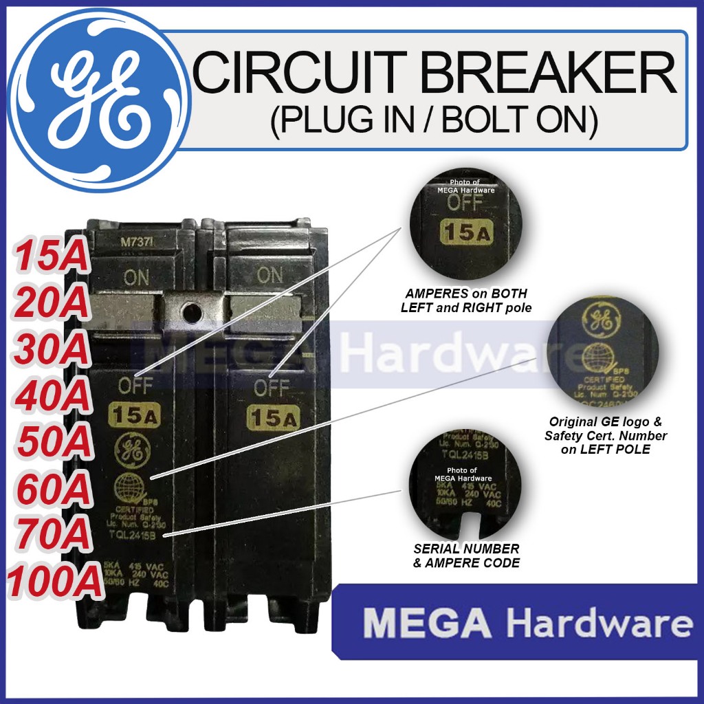 GE CIRCUIT BREAKER (PLUG IN or BOLT ON) 15A 20A 30A 40A 50A 60A 70A 100A 2 POLE ORIGINAL ...