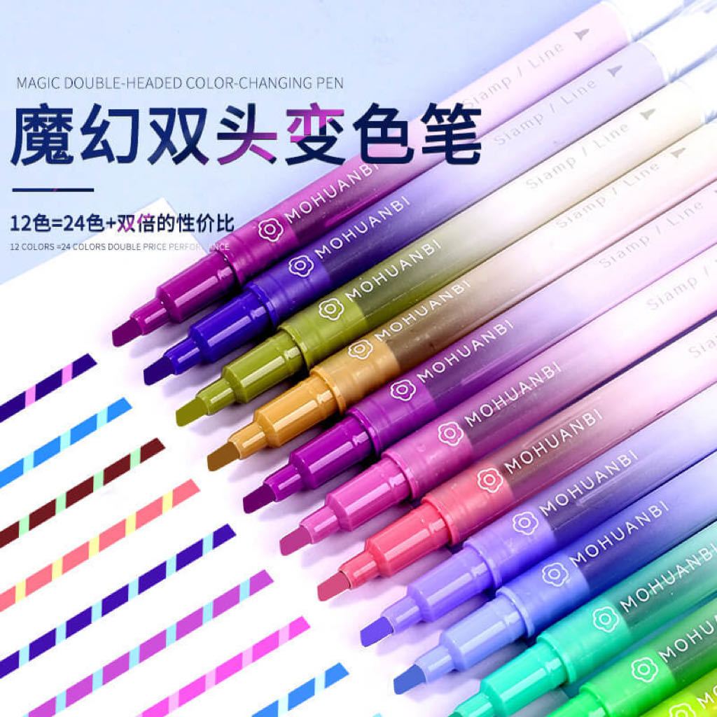12 pcs gradient double-ended color highlighter highlighter pen | Shopee ...