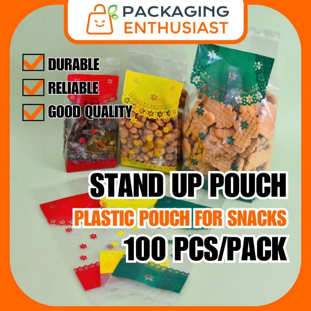 STAND UP POUCH ( LACE DESIGN ) for Snacks CLEAR Square Bottom (100 PCS ...