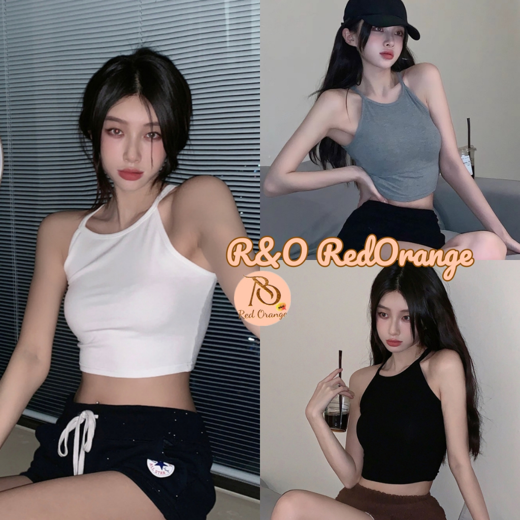 R&O Knitted Spaghetti halter neck Strap Tanks Crop Top For Women korean ...