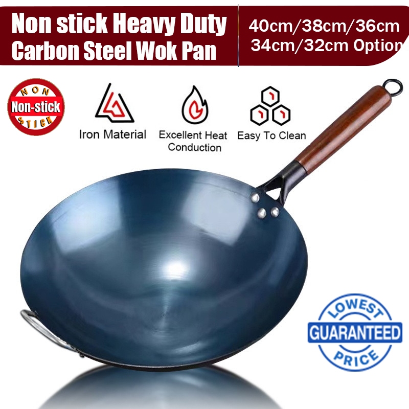 40cm Kawali Wok Non stick Heavy Duty Carbon Steel Wok Pan Fast Heating ...