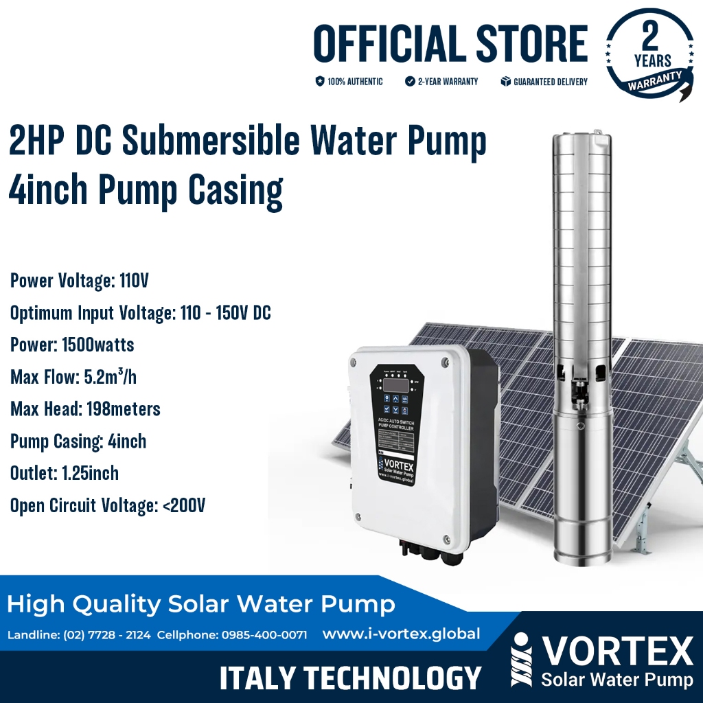 2hp DC submersible solar water pump 4inch body casing & 1.25inch outlet ...