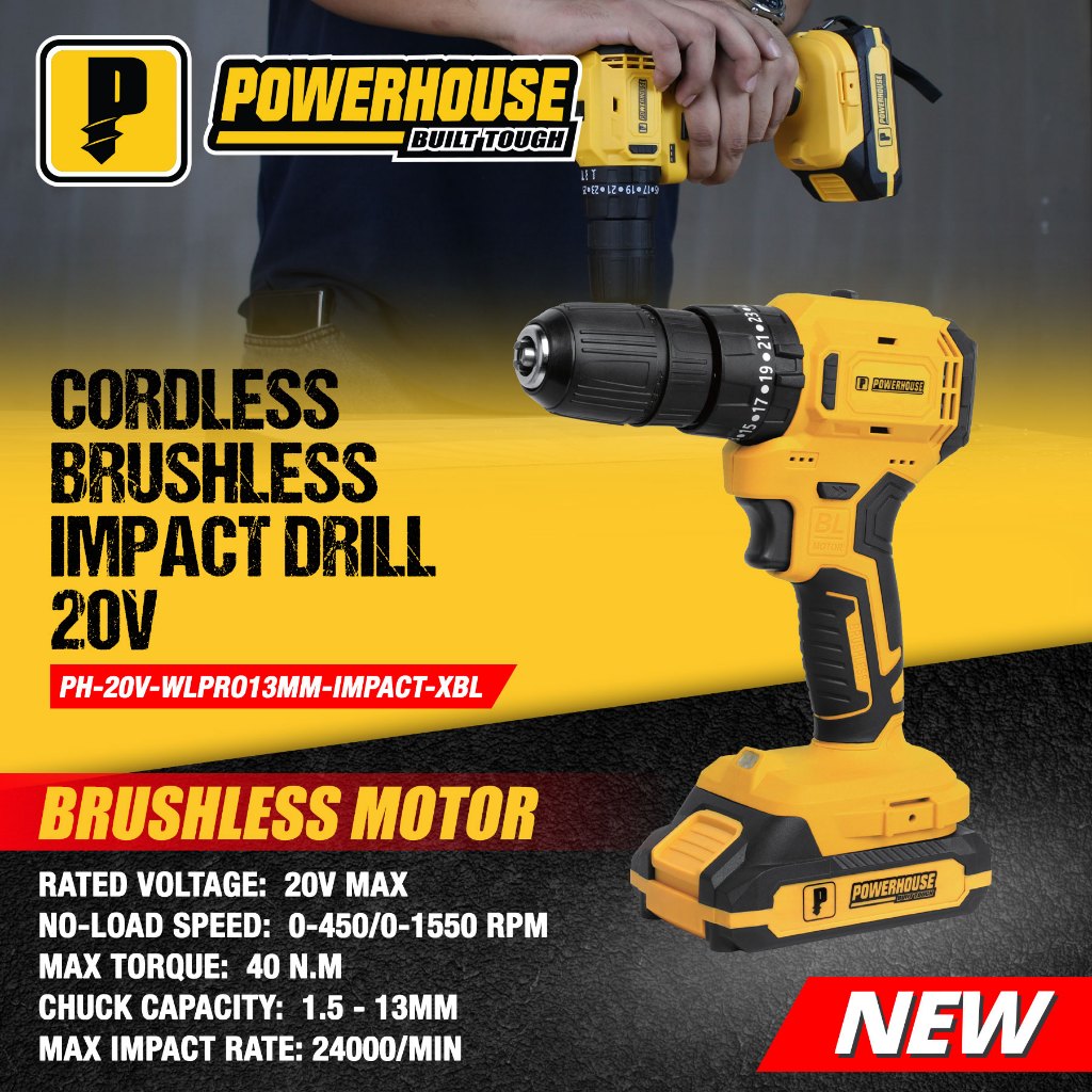 Powerhouse Cordless Brushless Impact Drill 13mm 20V Ah LIon PH-20V ...
