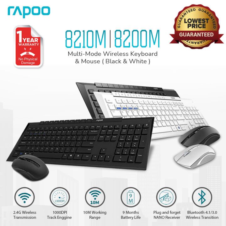 Rapoo 8200M/8210M 2.4G Wireless Bluetooth Keyboard and Silent Mouse Set ...