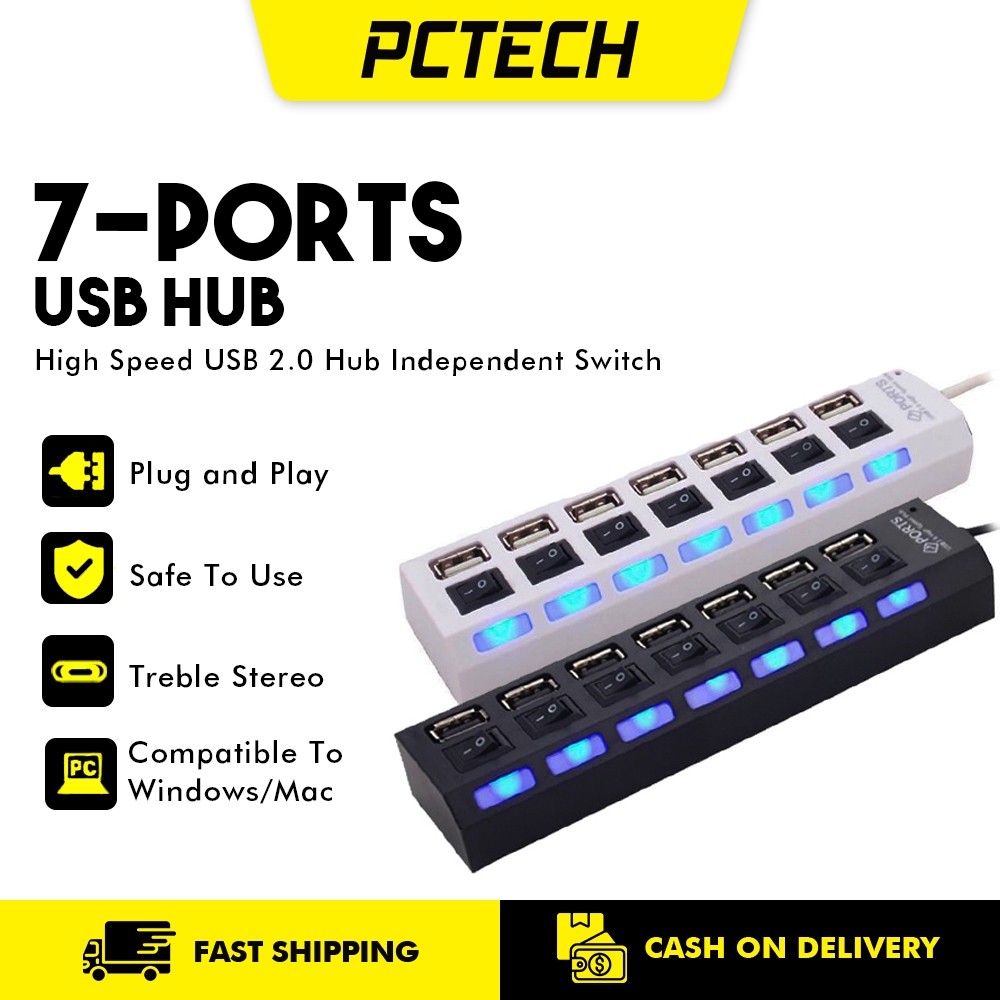Popcorn 7 Port High Speed USB 2.0 Hub with Independent Switch Led Power ...