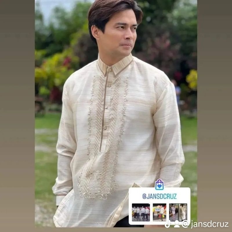 HOT SELL! BARONG TAGALOG SPORTS COLLAR IN BEIGE EMBROIDERY | Shopee ...