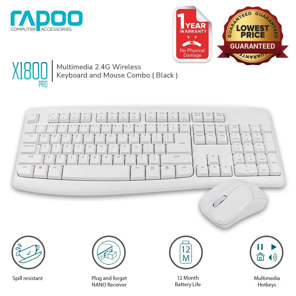 Rapoo X1800 Pro Wireless Keyboard and Mouse Set 2.4G 1000DPI Full-Size ...