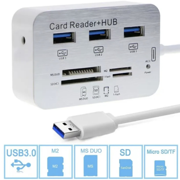 7 In 1 Card Reader With 3 Port Usb 3.0 Hub SD / Ms / Micro SD / Mmc / M2 / Tf Card Usb Adapter ...