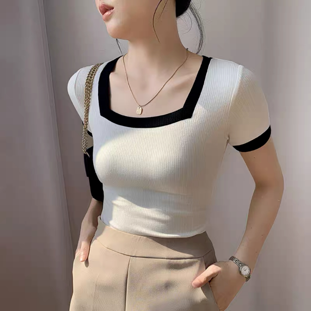 Angelcity Contrast Binding Square Neck Tee Full Length T Shirt For ...