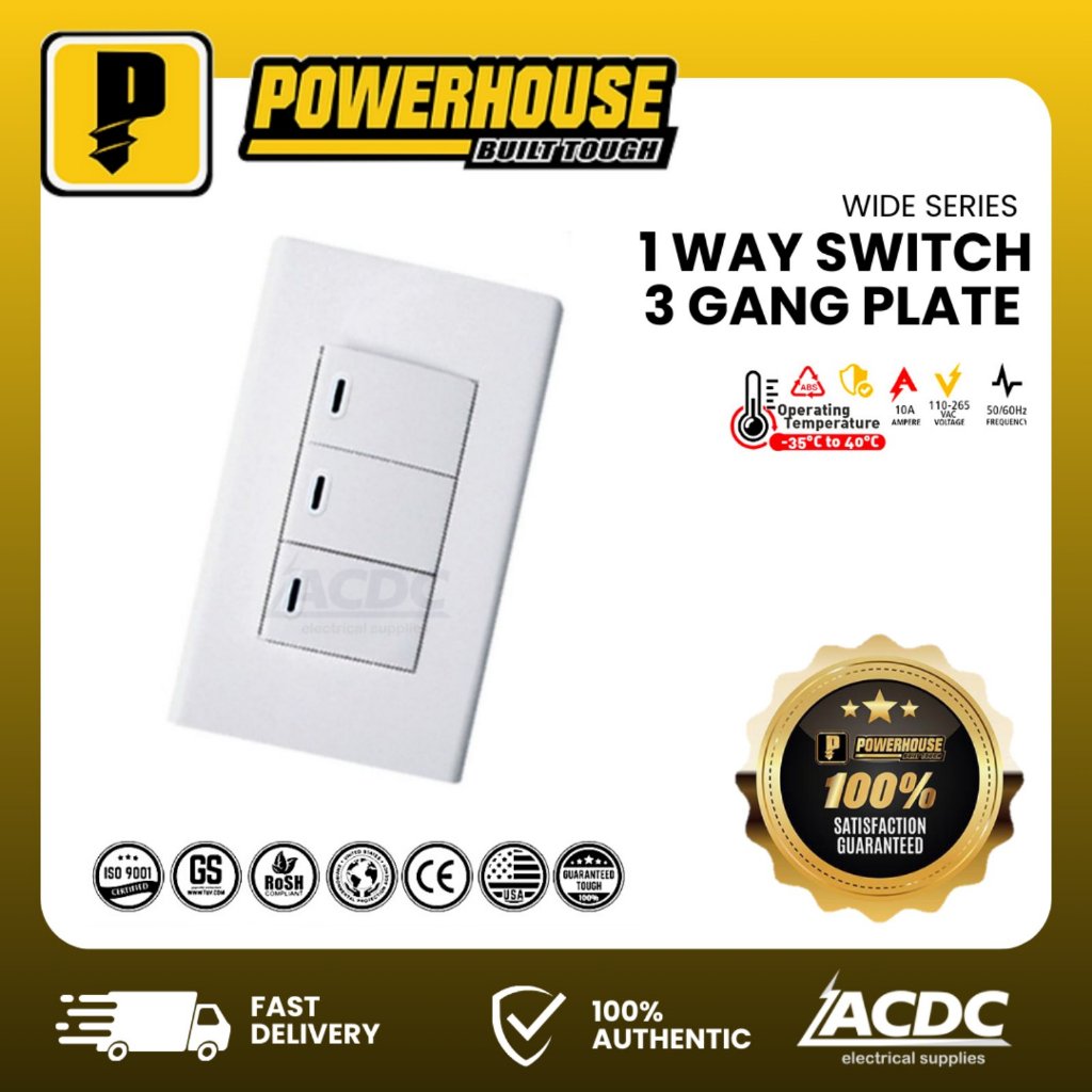 3 GANG PLATE W/ ONE WAY SWITCH POWERHOUSE ELECTRIC 120mm x 70mm (250V ...