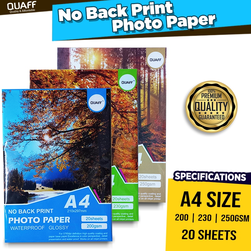 QUAFF No Back Printing Photo Paper A4 Size 200Gsm | 230Gsm | 250gsm - 20 sheets per pack ...