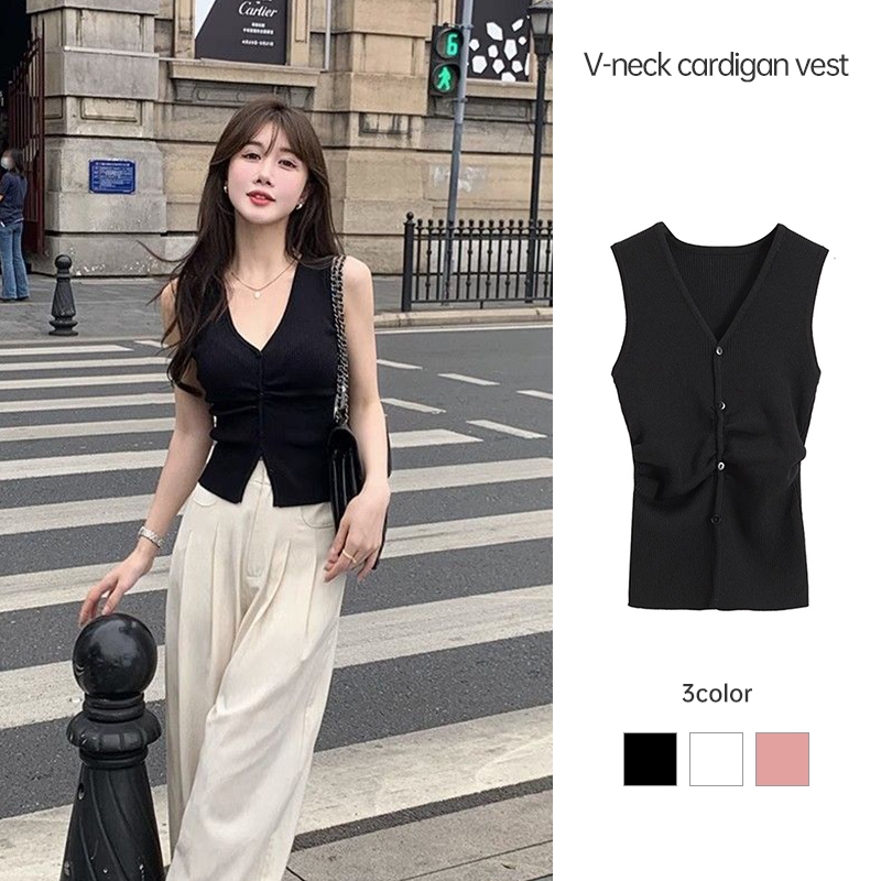 V-neck Knitted Cardigan Pleated Knitted Tank Top Design Sense ...
