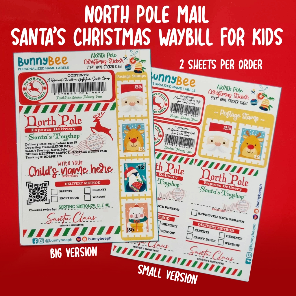 Santa Mail Stickers – North Pole Delivery Waybill & Postage Stamps ...
