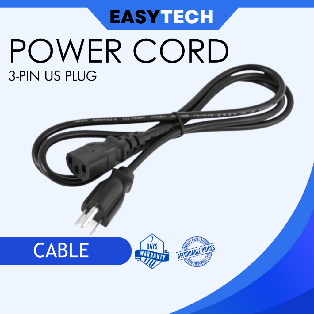EASYTECH | 3 pin power extension cords US plug power cable for pc computer | Shopee Philippines